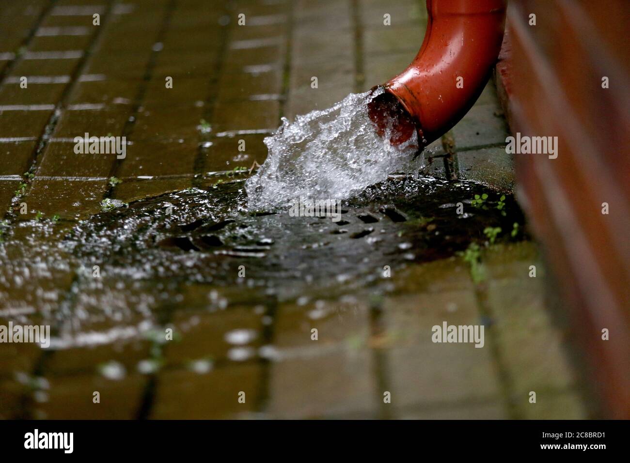 Rain water is pouring from the green draining gutter on the pavement ...
