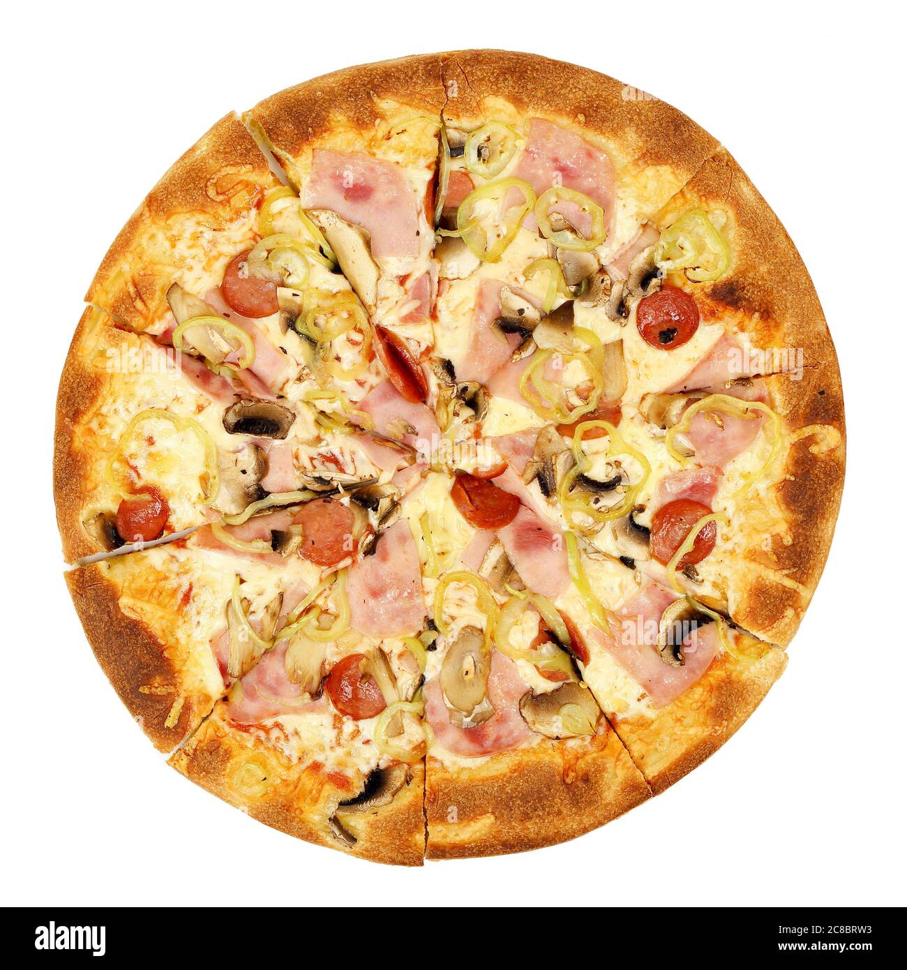 whole pizza isolated on white, top view Stock Photo - Alamy