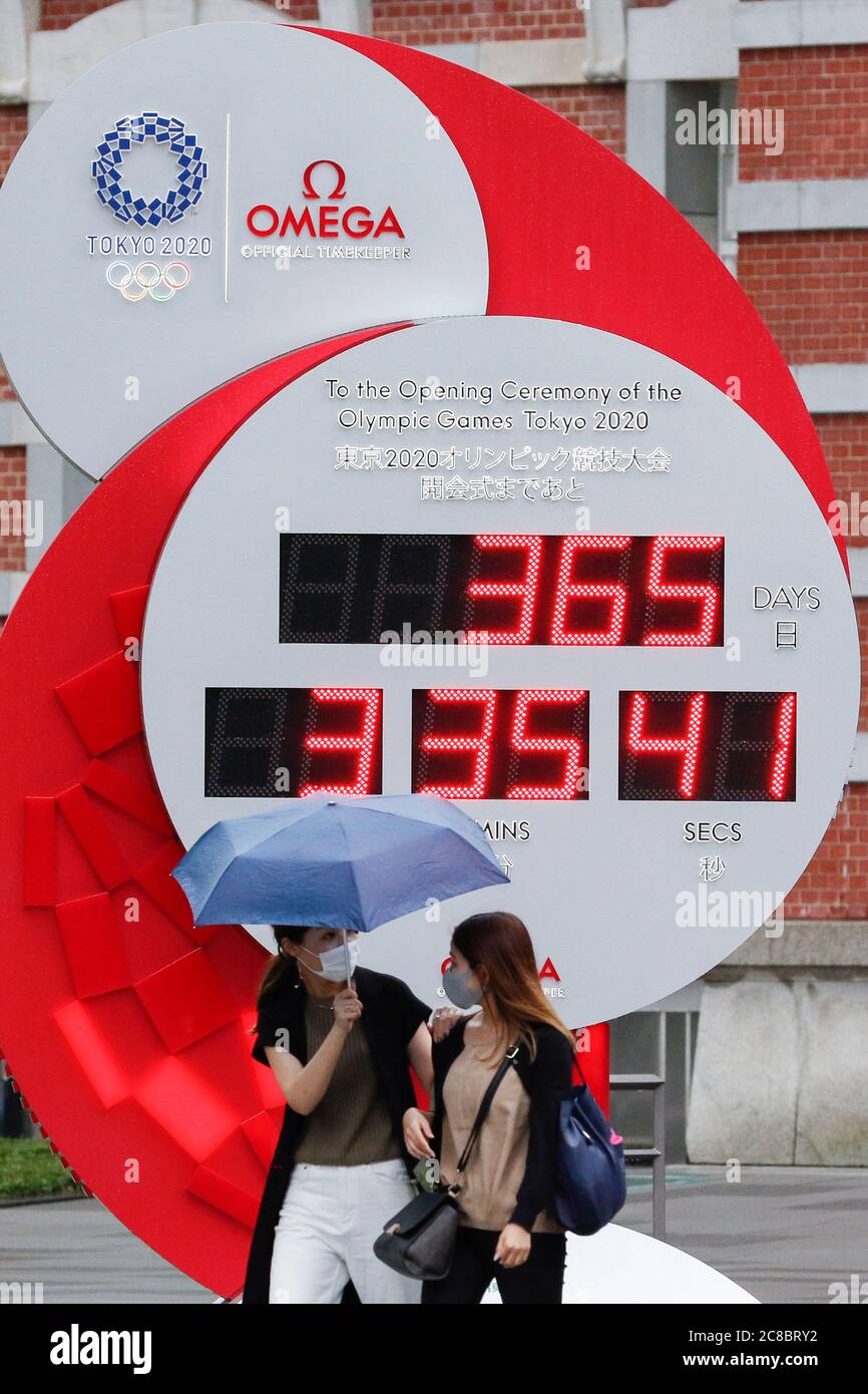 Tokyo, Japan. 23rd July, 2020. A huge OMEGA countdown clock shows 356 ...