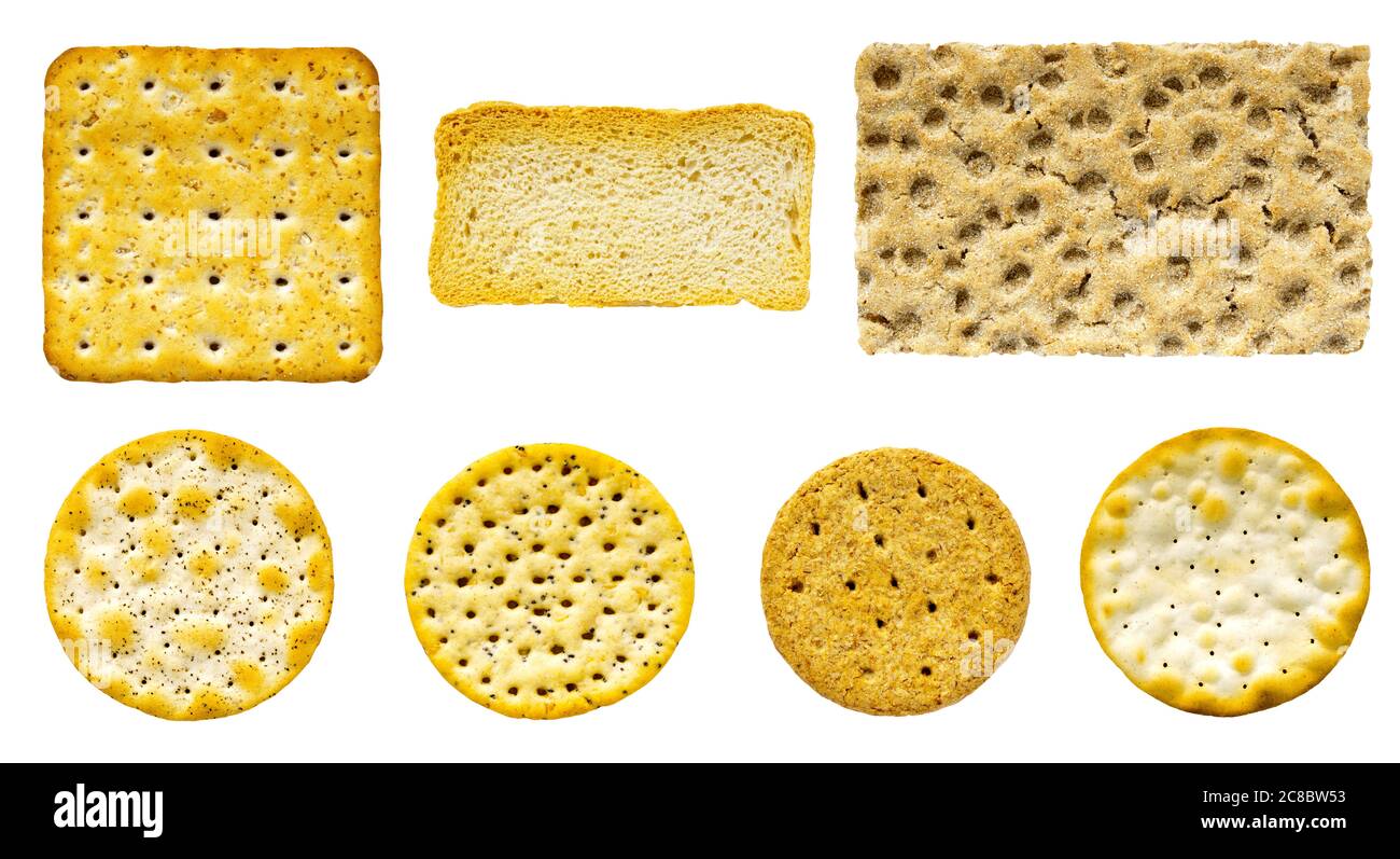 Selection of seven savoury biscuits and crackers on an isolated white ...