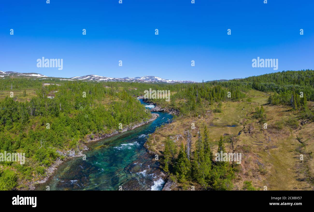 Aerial view of the Gausta waterfall in the north of Sweden Stock Photo ...