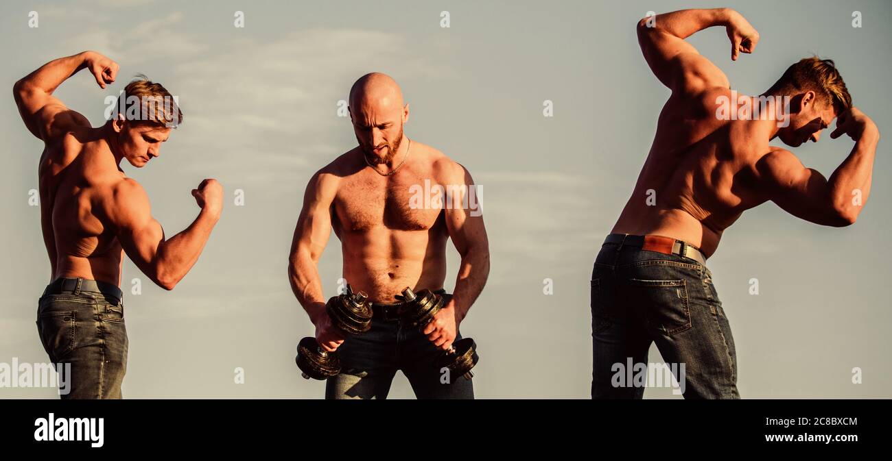 three muscular bodybuilders. sportsman men training outdoor. sport ...