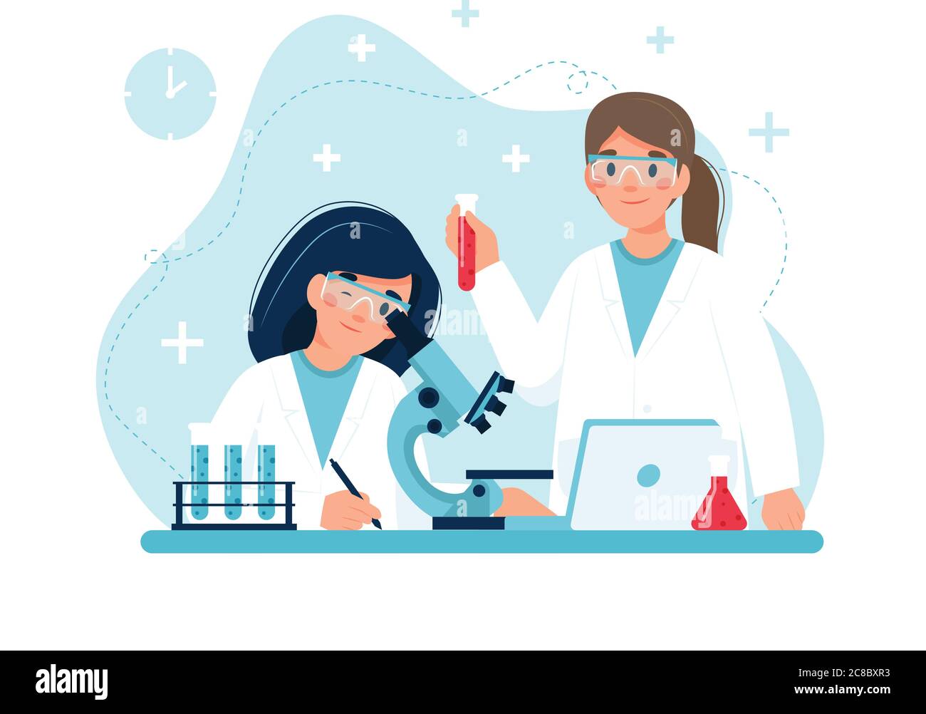 Scientist at work, characters conducting experiments in lab. Vector ...