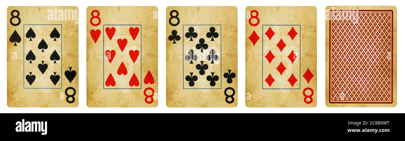 Four Vintage Playing Cards Isolated on White Background, Showing Eights ...
