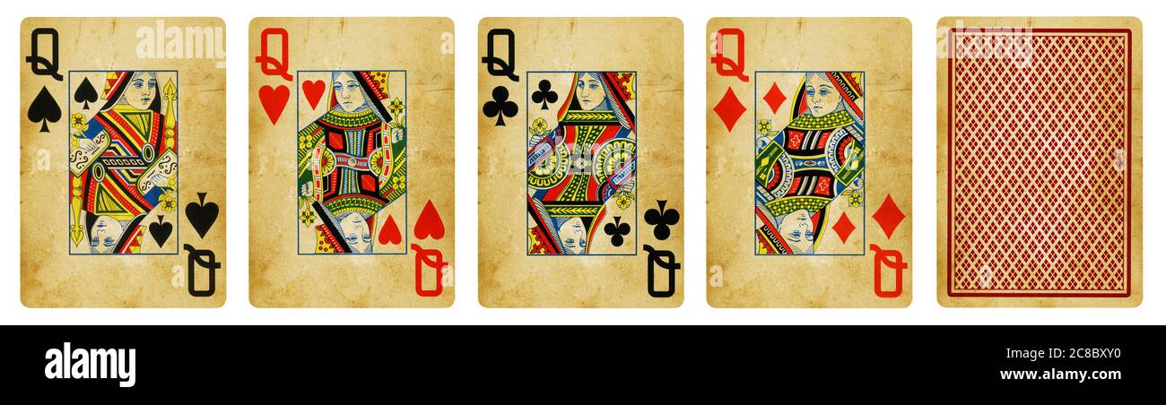 Four Queens Vintage Playing Cards - isolated on white Stock Photo - Alamy