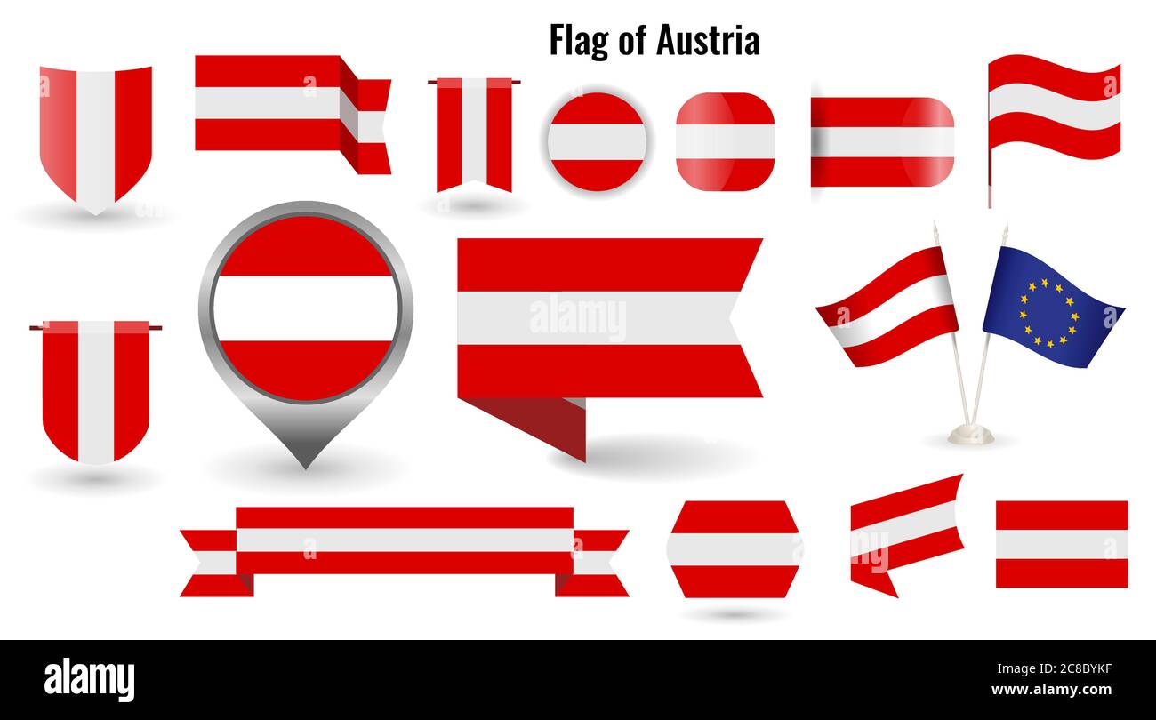 The Flag of Austria. Big set of icons and symbols. Square and round ...