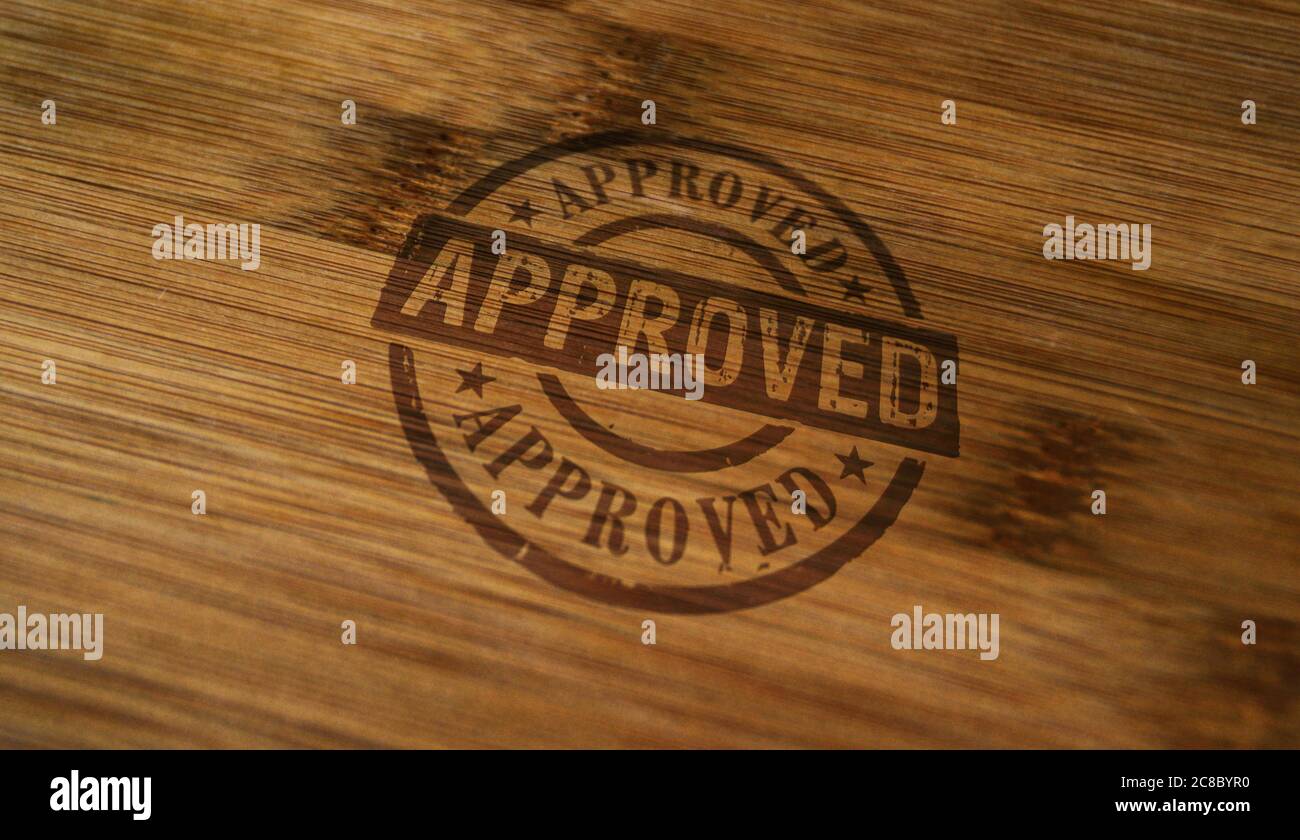 Approved stamp printed on wooden box. Document accepted, admitted and ...
