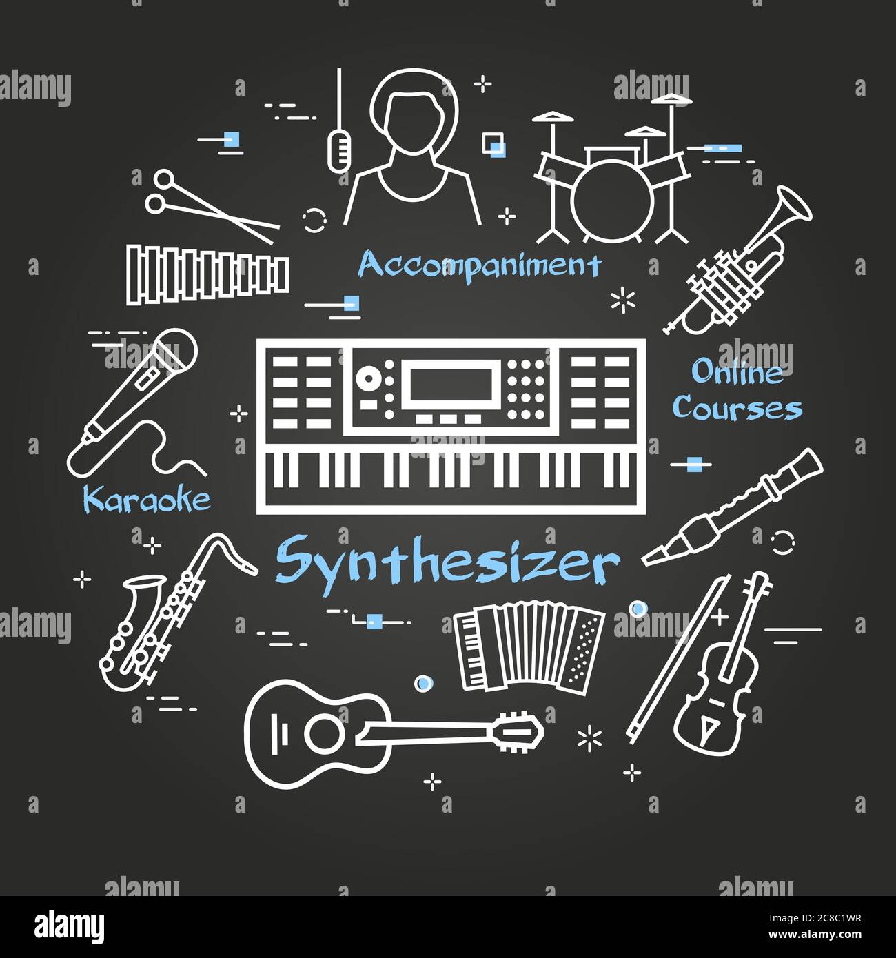 Vector black linear banner for music - Synthesizer playing Stock Vector ...