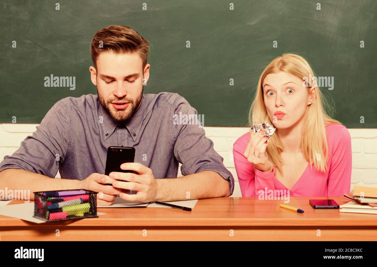 Having fun in college. Enjoying time in college. Guy and girl carefree ...