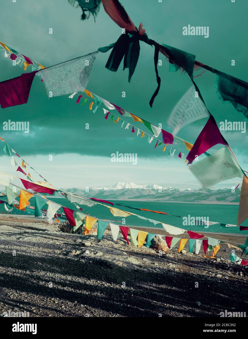 Prayer Flags by Lake in China Stock Photo - Alamy