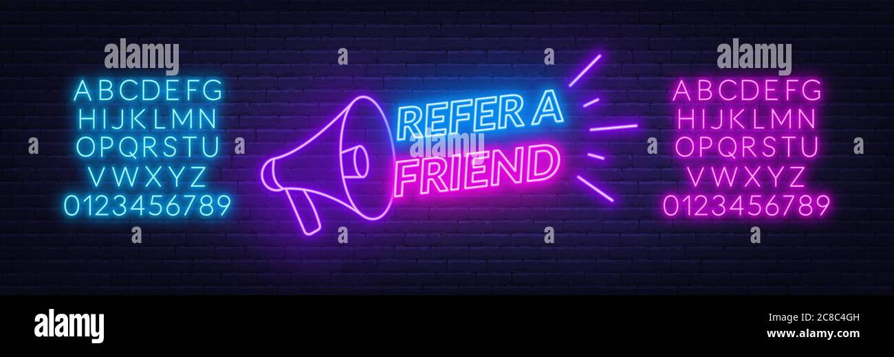 Refer a friend neon sign on brick wall background. Template for the ...