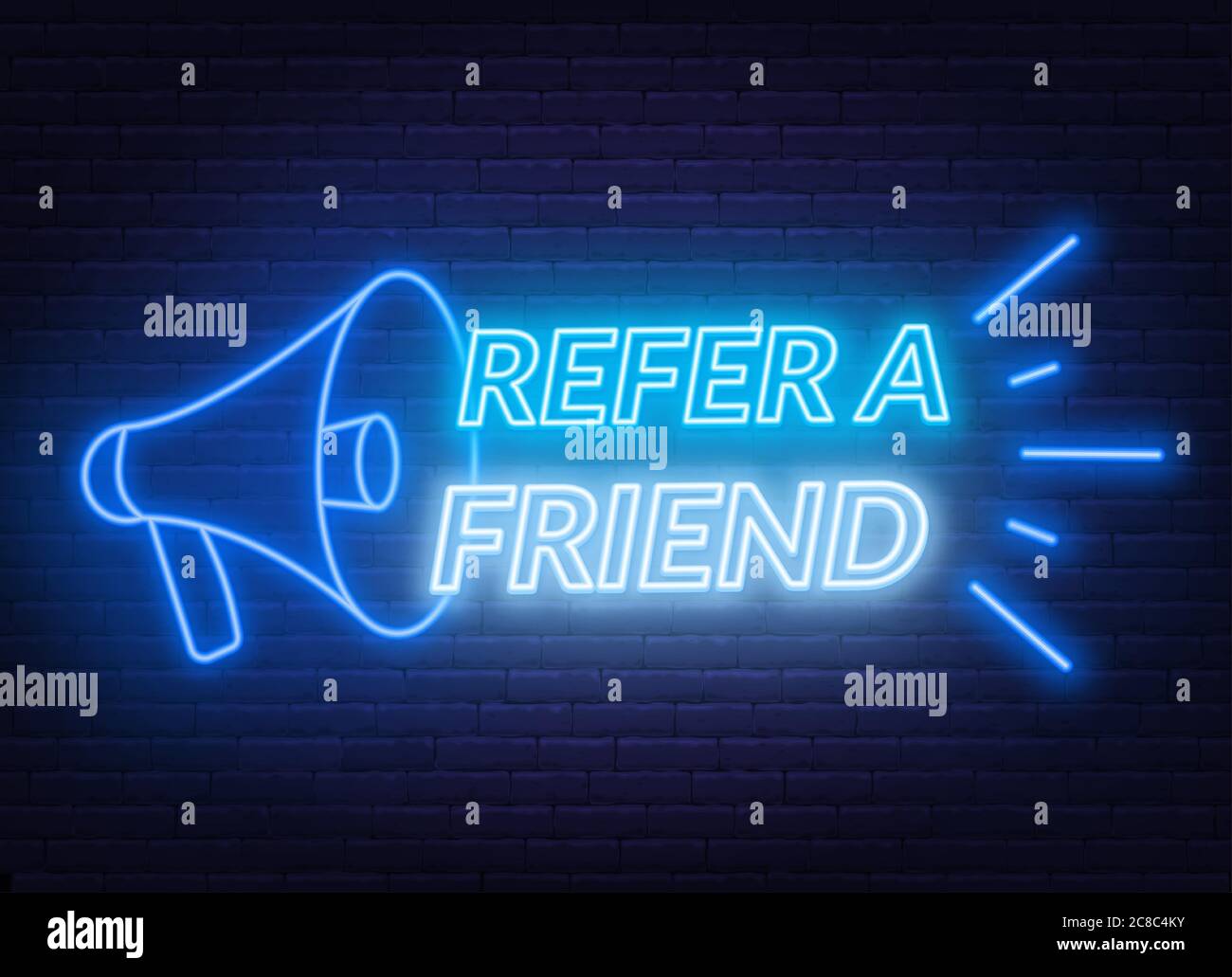 Refer a friend neon sign on brick wall background. Template for the ...