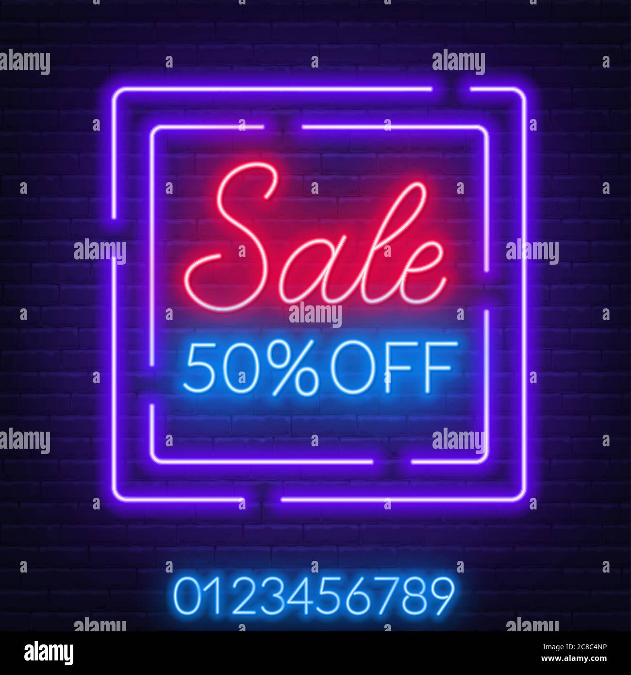 Sale neon sign in a square frame . Offer a discount. Template Stock ...