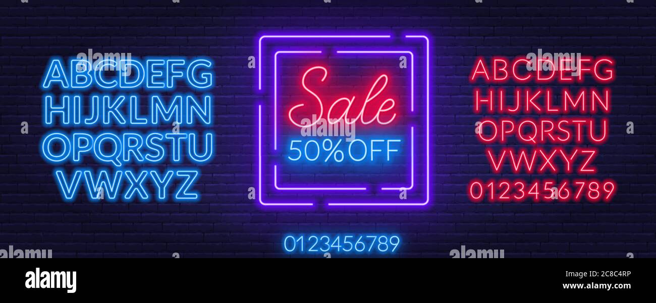 Sale neon sign in a square frame.Offer a discount. Template with fonts ...
