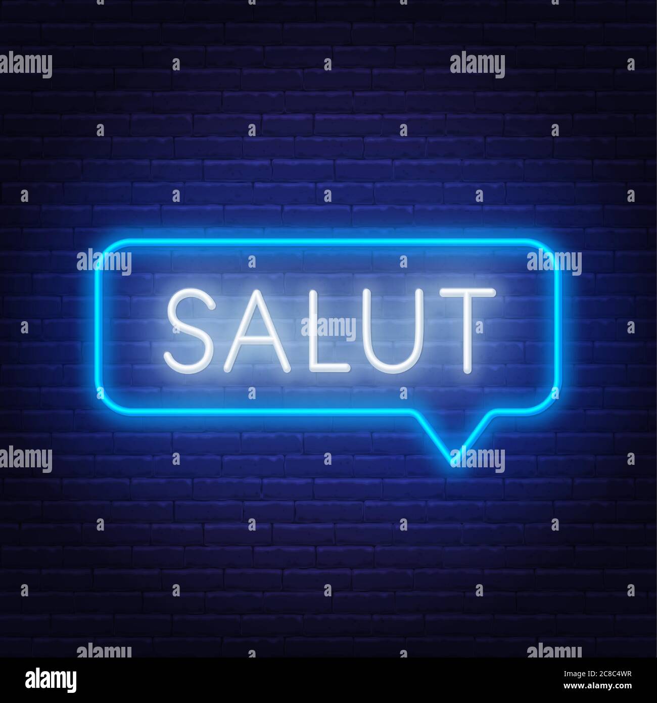 Neon sign of word salut in speech bubble frame on dark background ...