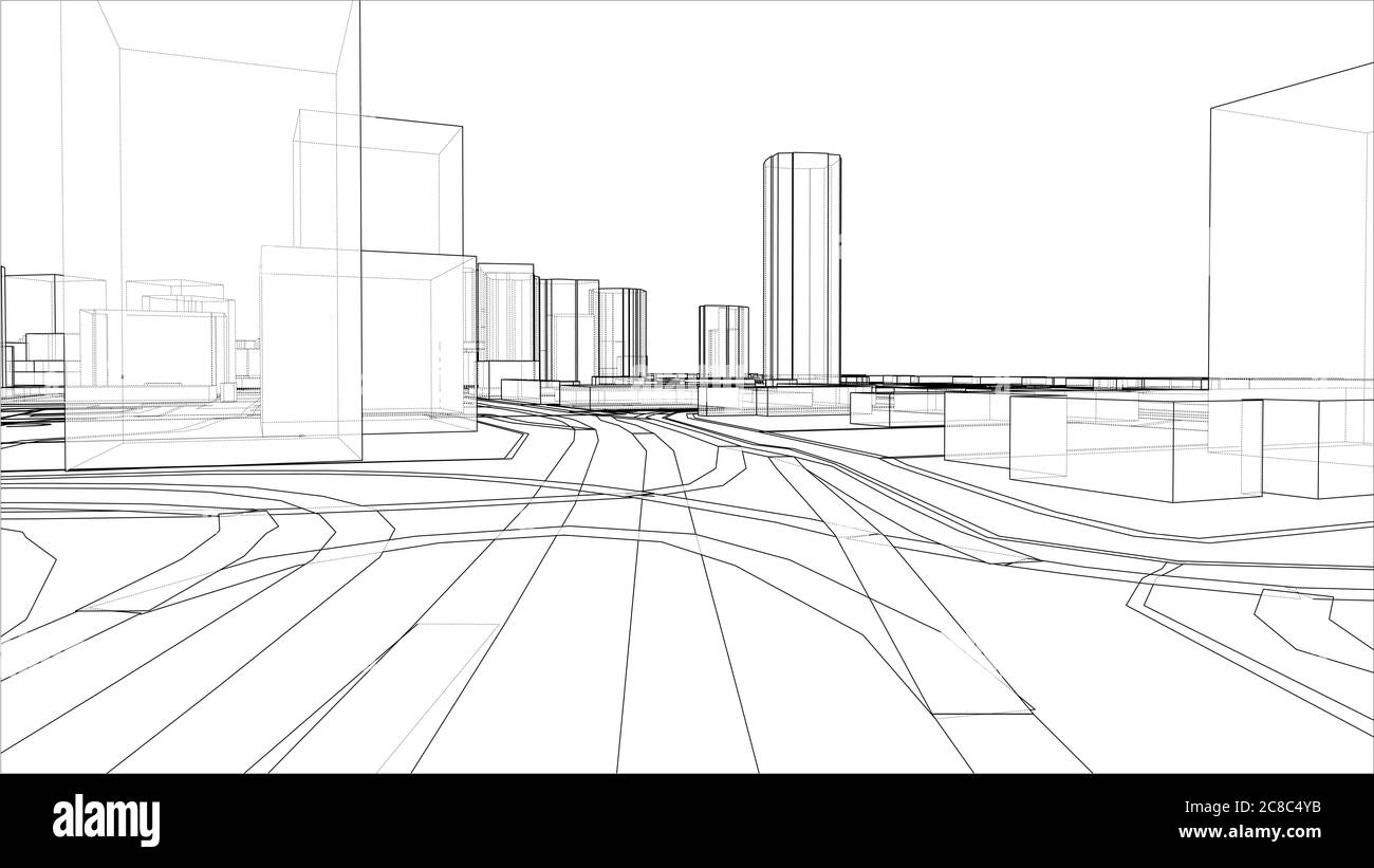 Sketch of 3D city with buildings and roads Stock Photo - Alamy