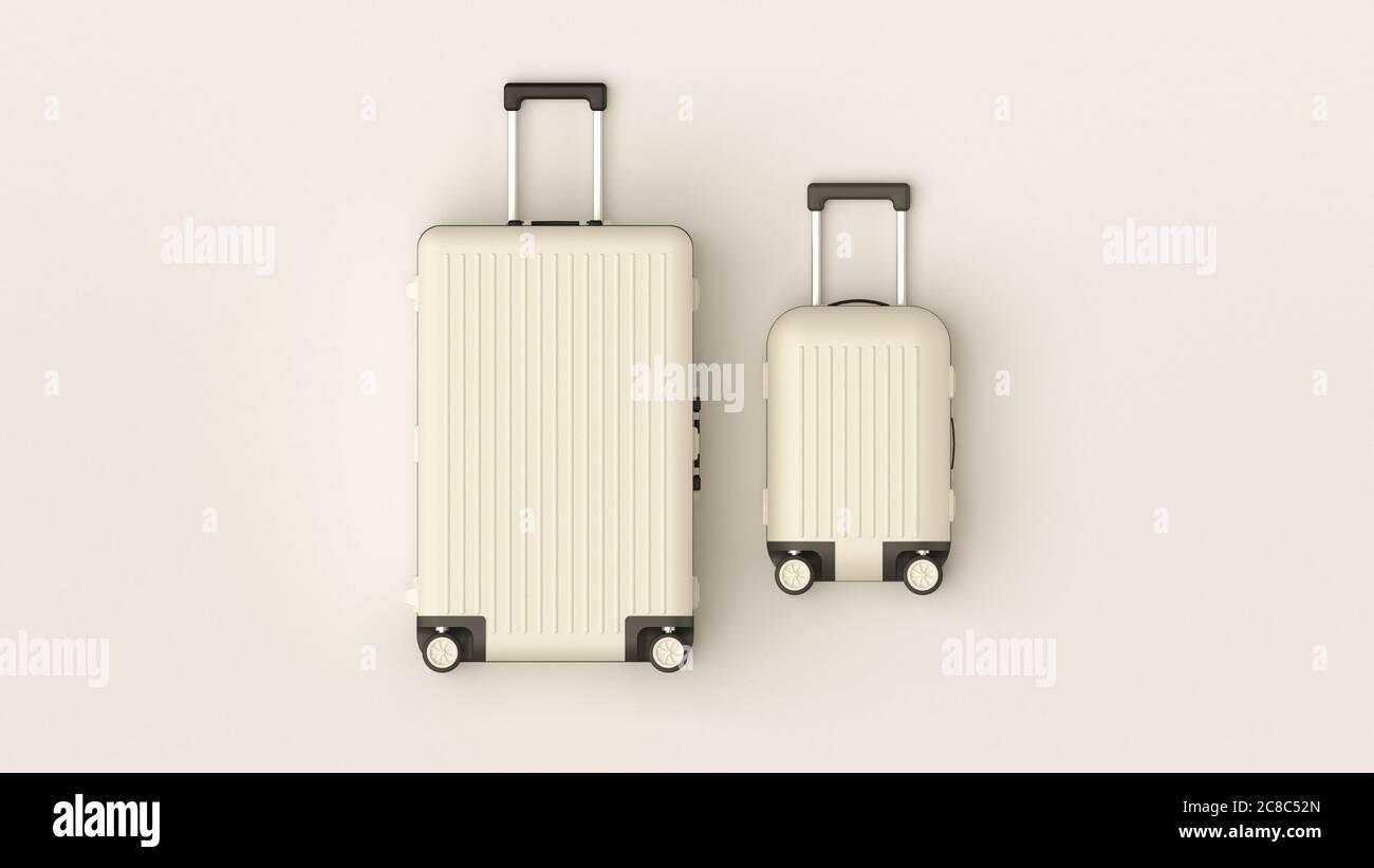 White luggage set on white background, top view image, flat lay ...