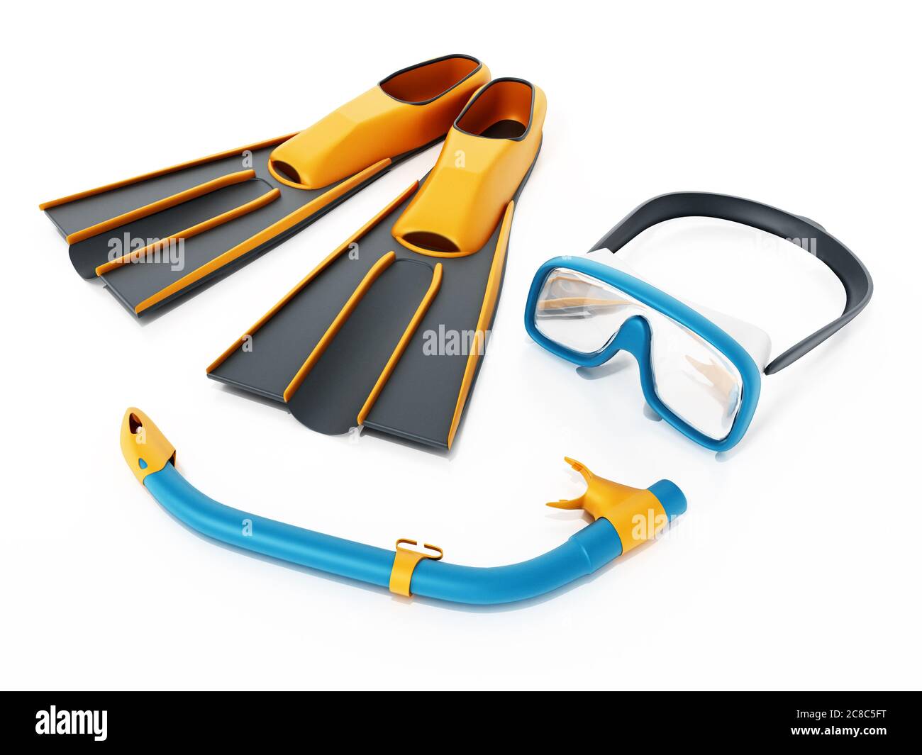 A pair of diving fins and snorkel isolated on white background. 3D ...