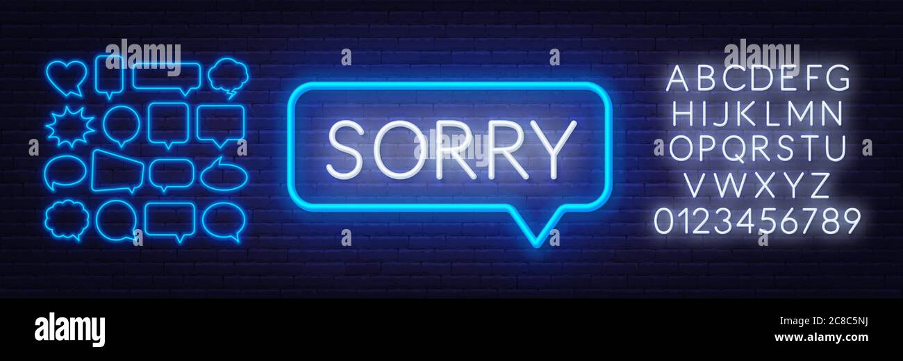 Neon sign sorry in speech bubble frame on dark background Stock Vector ...