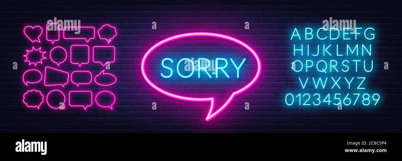 Neon sign sorry in speech bubble frame on dark background Stock Vector ...