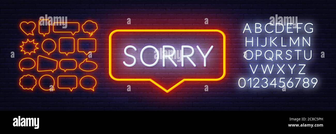Neon sign sorry in speech bubble frame on dark background Stock Vector ...