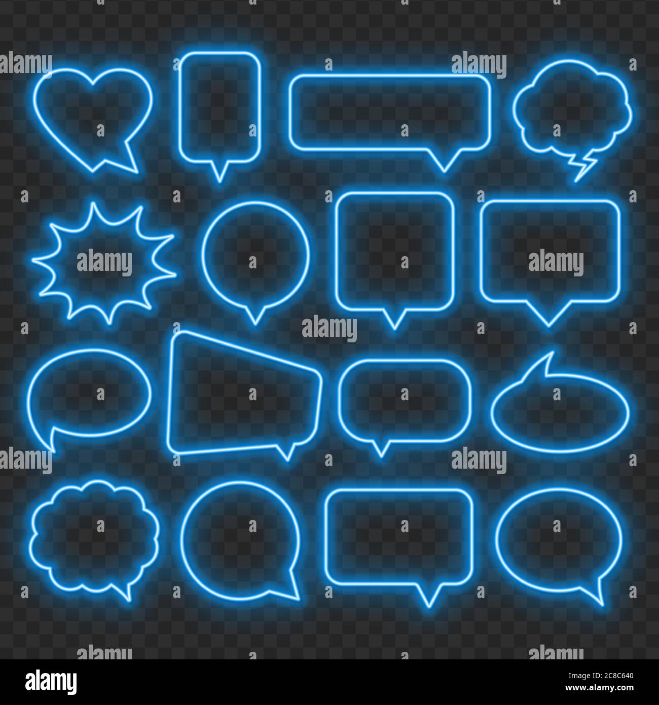 Neon blue speech bubble frame on a transparent background. Bright light ...