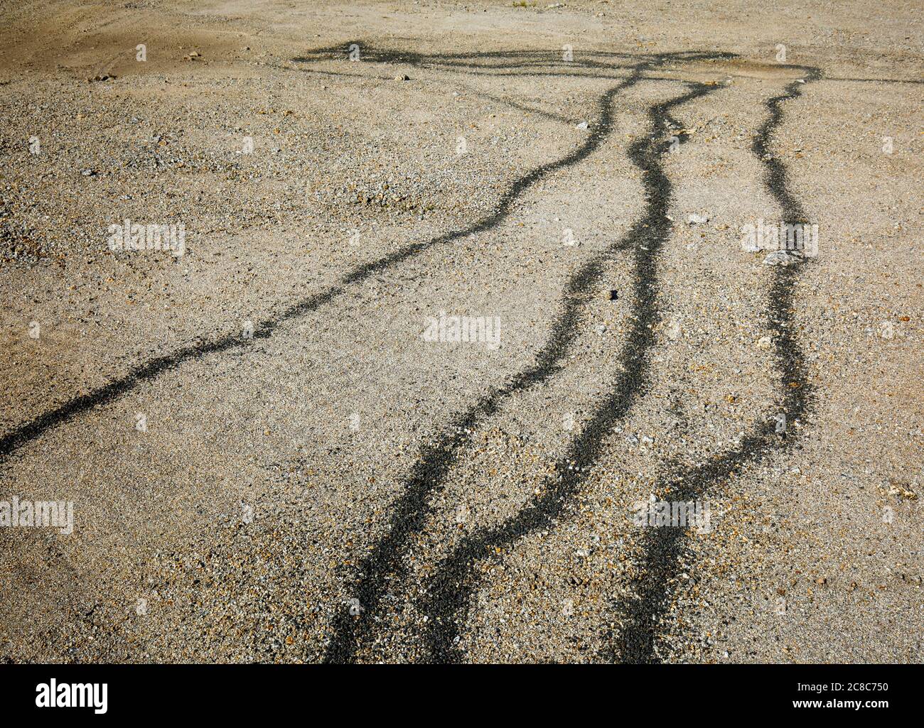 Oil leakage from a truck has left thin oil stripes to sandy ground ...