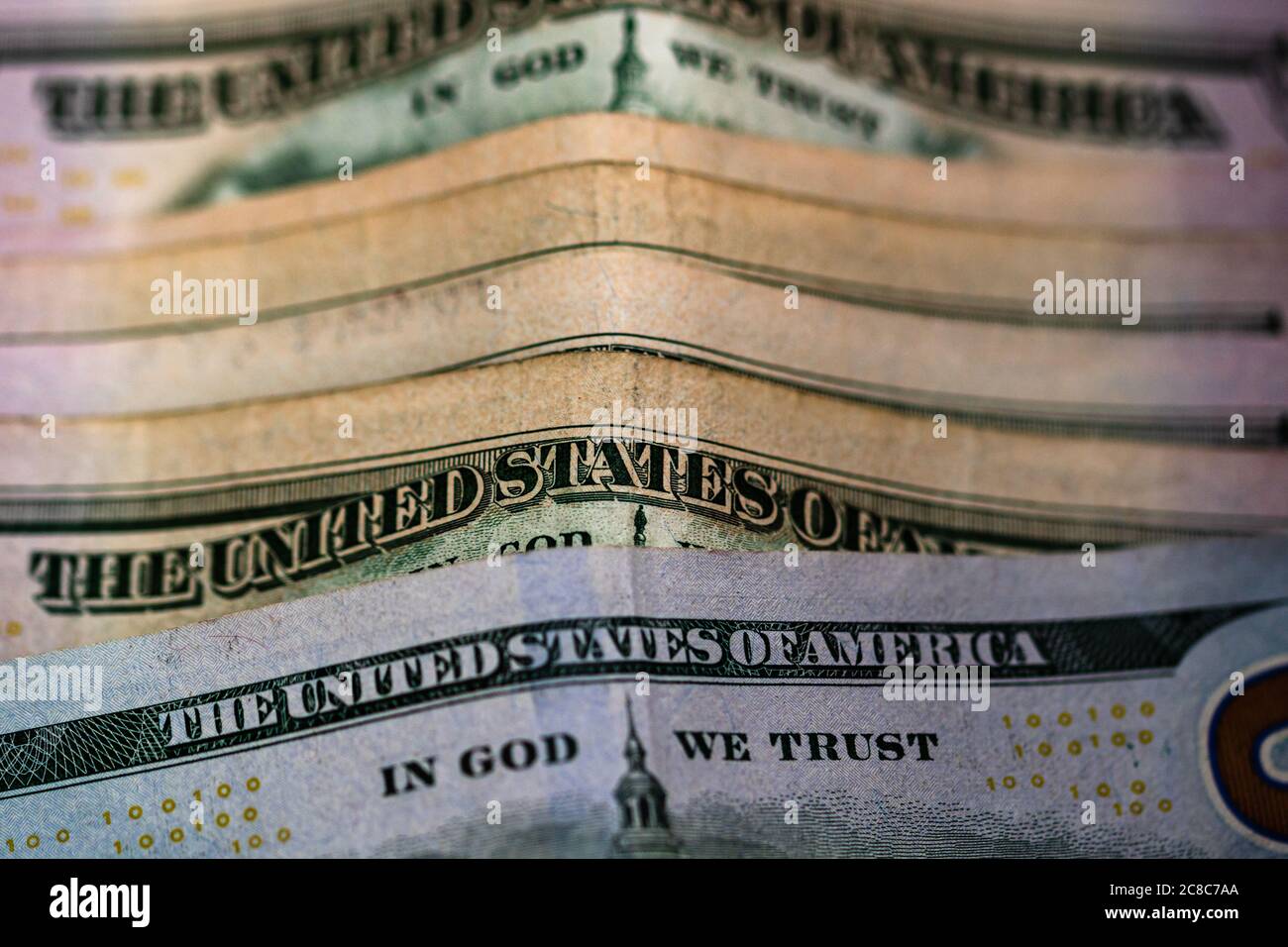 Selective focus on detail of dollars banknotes. Close up macro detail ...