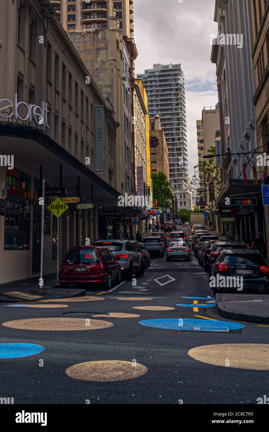 Colorful crossing symbol on the streets in Auckland. Intersection ...