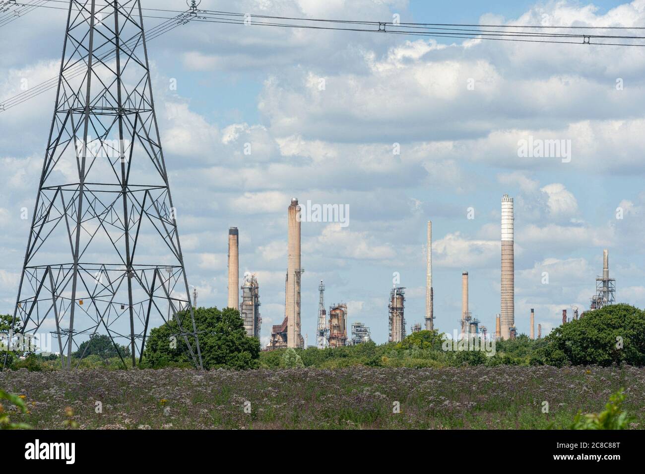 Hythe New Forest, UK, 21 Jul, 2020. Views of electricity pylons ...