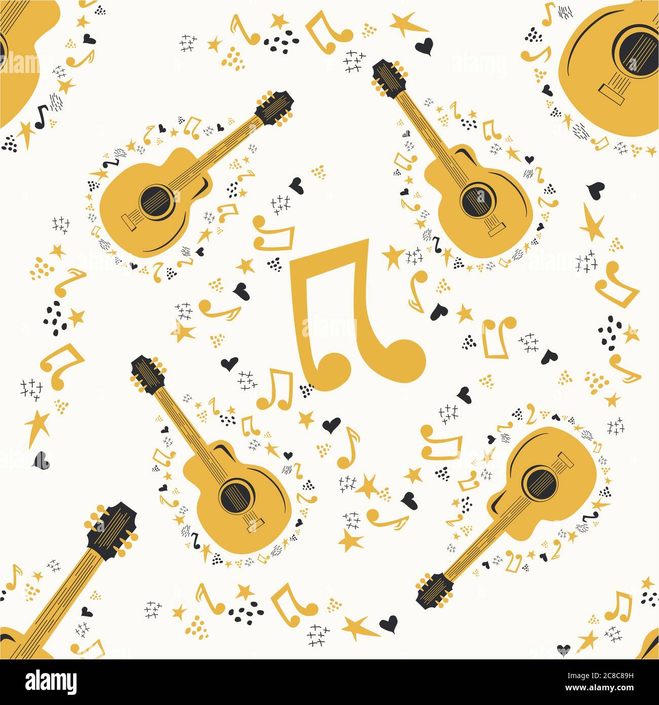 Hand-drawn musical seamless pattern with country guitar, stars, notes ...