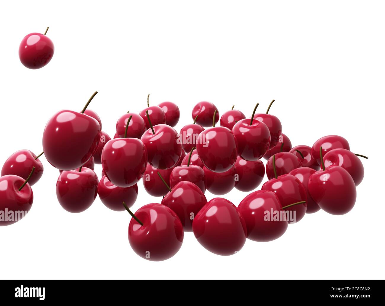 Falling cherries isolated on background, cherry in the air. 3d render ...