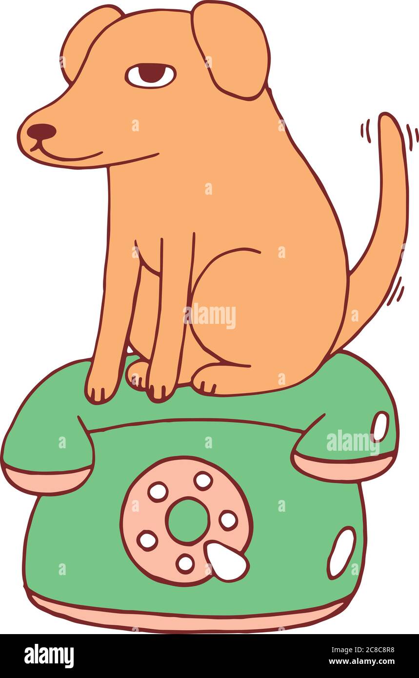 Yellow dog on the retro telephone. Doodle cartoon art. Vector il Stock ...