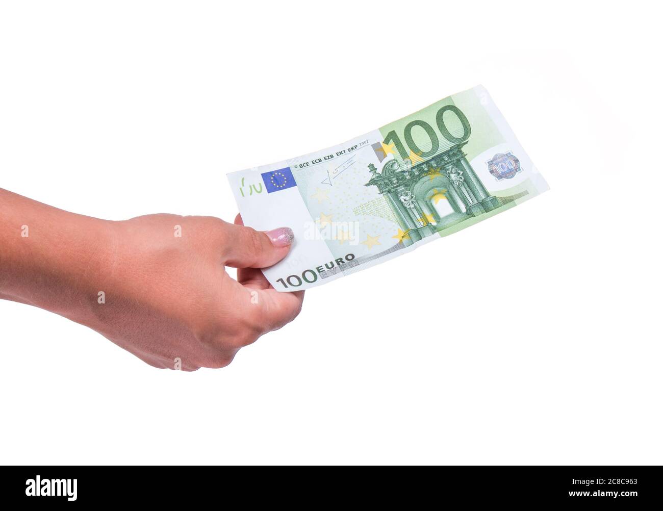 Human hand holding money, sharing one hundred 100 euro banknote ...