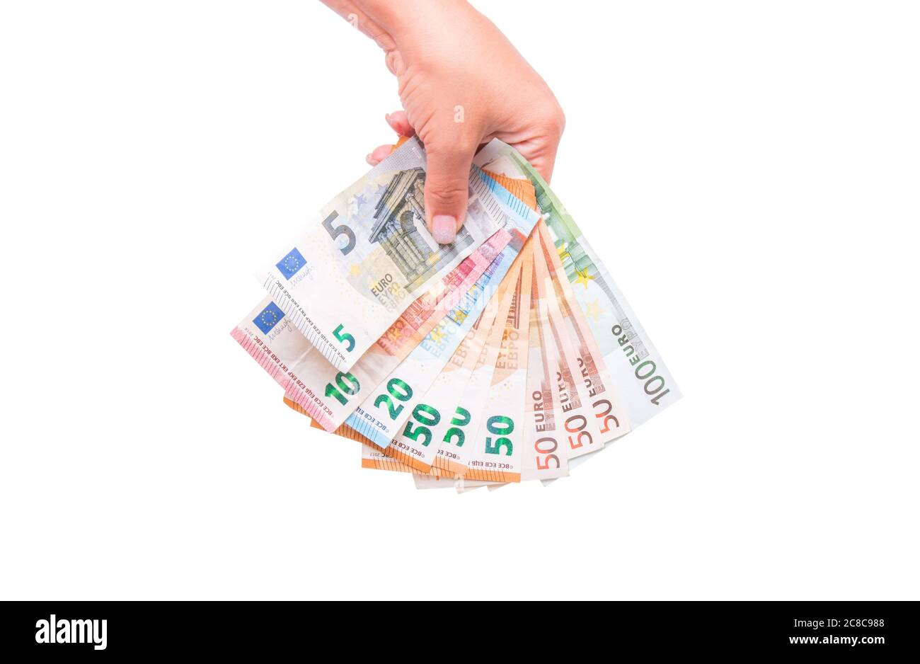 Human hand holding euro money. Isolated on white background. Hand ...