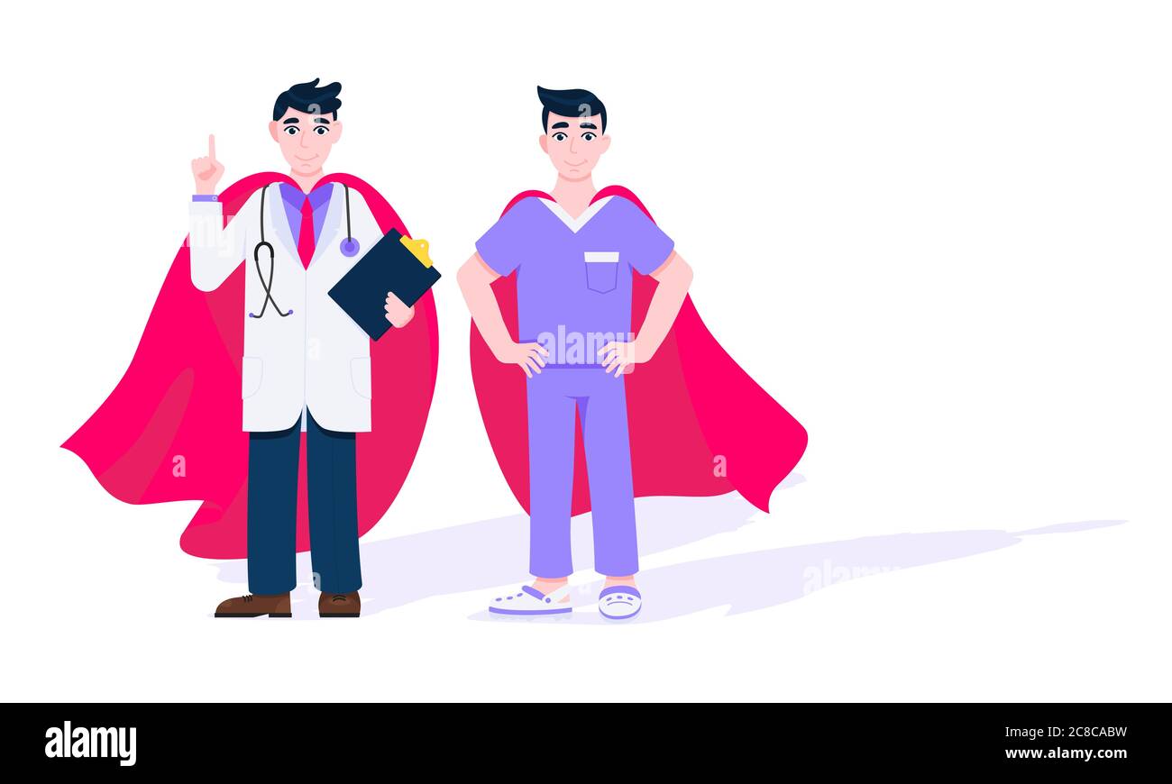 Two doctors with hero cape behind hospital medical employee fight ...
