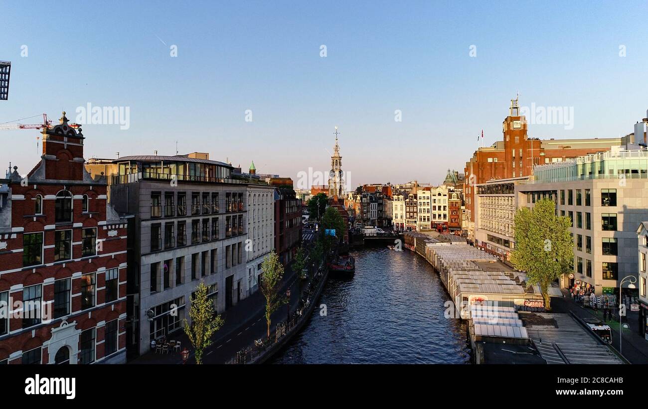 Amsterdam, Netherlands, aerial view of famous places during sunset in ...