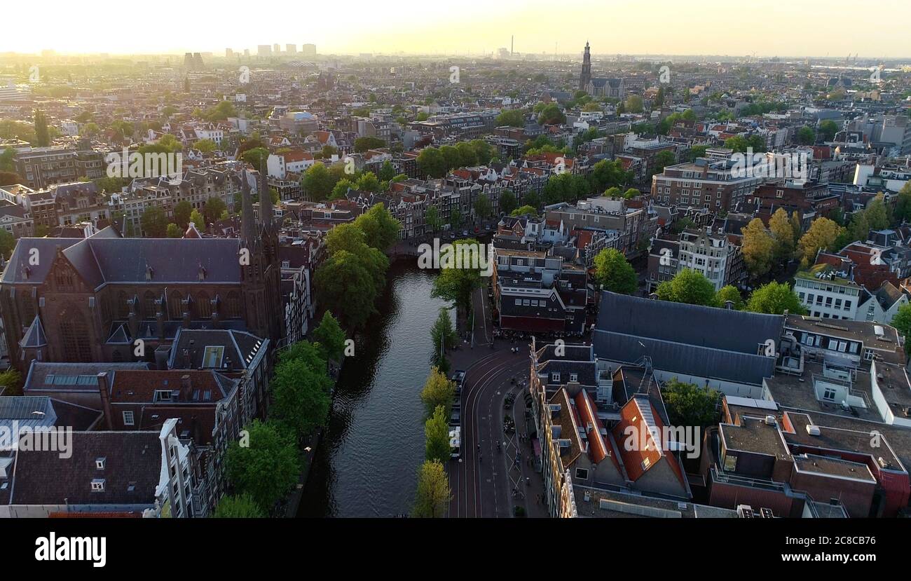 Amsterdam, Netherlands. Panoramic aerial view above canal and old ...