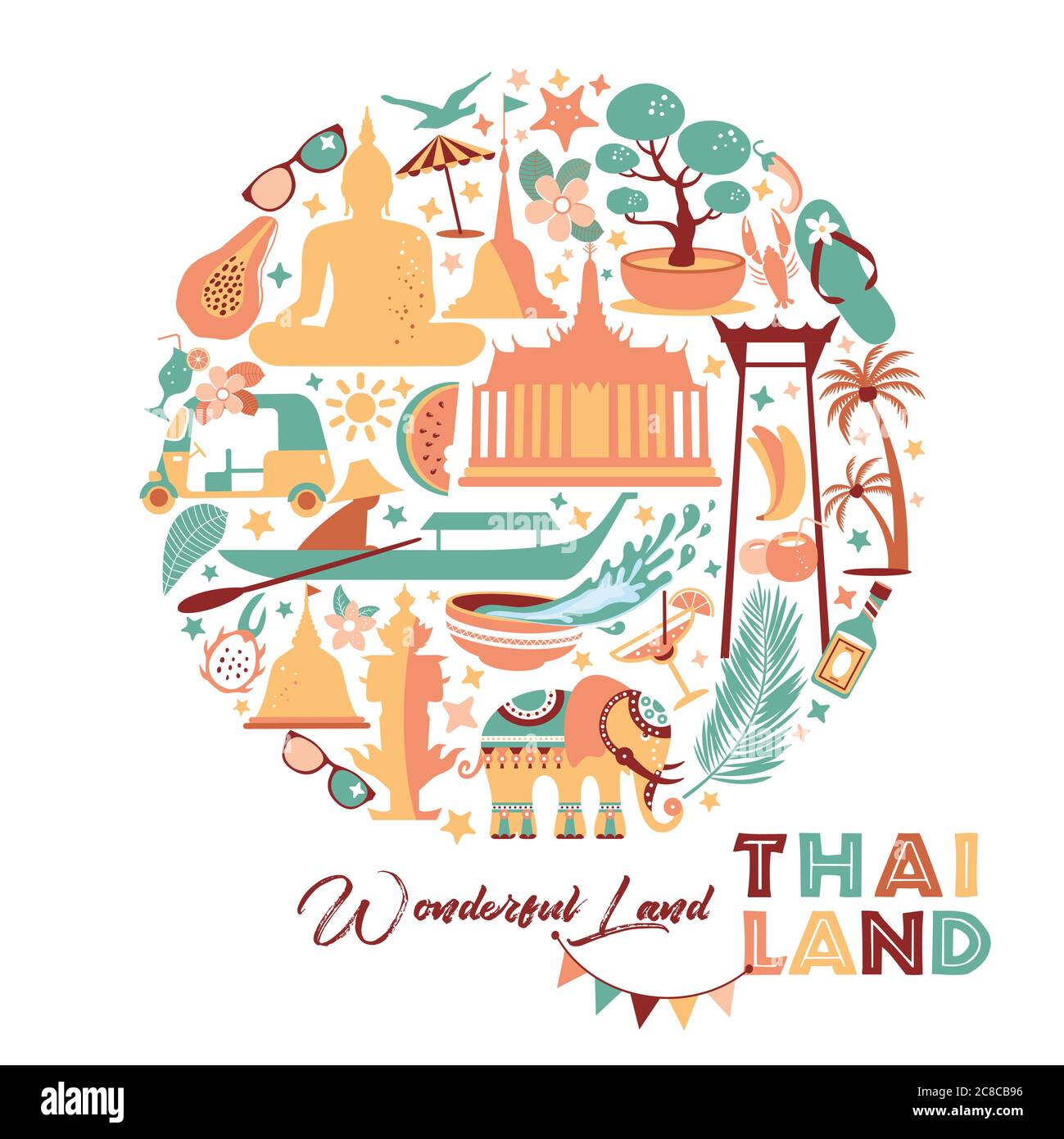 Collection of Thailand symbols in circle. Vector poster. Postcard in ...