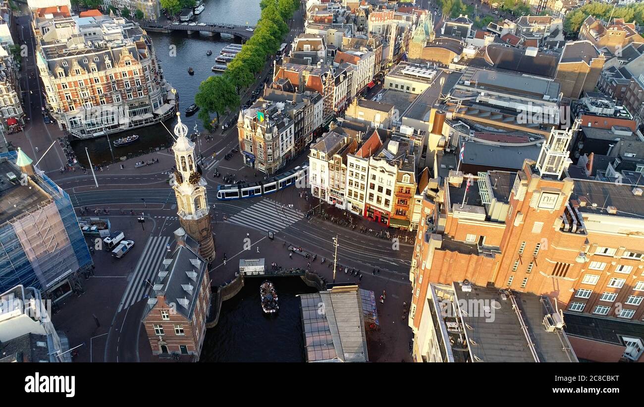 Amsterdam, Netherlands, aerial view of famous places during sunset in ...