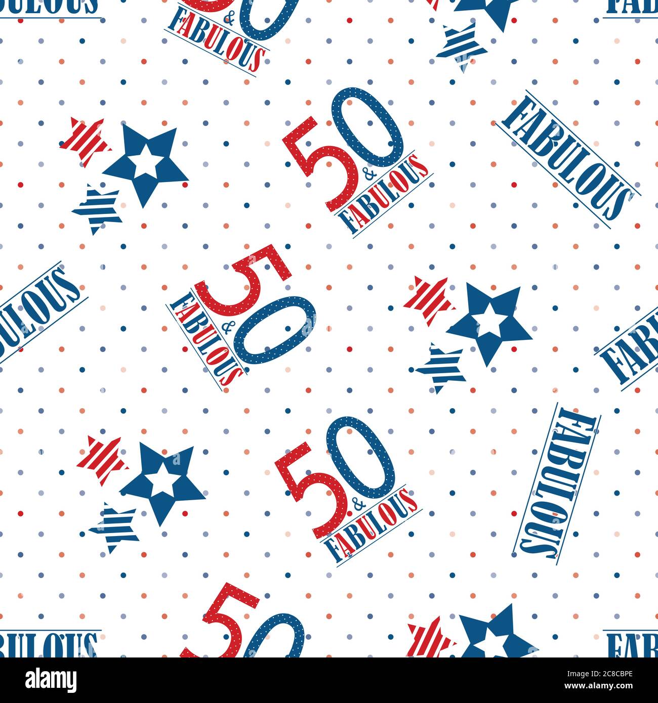Vector fifty and fabulous text seamless pattern background. Red, blue ...