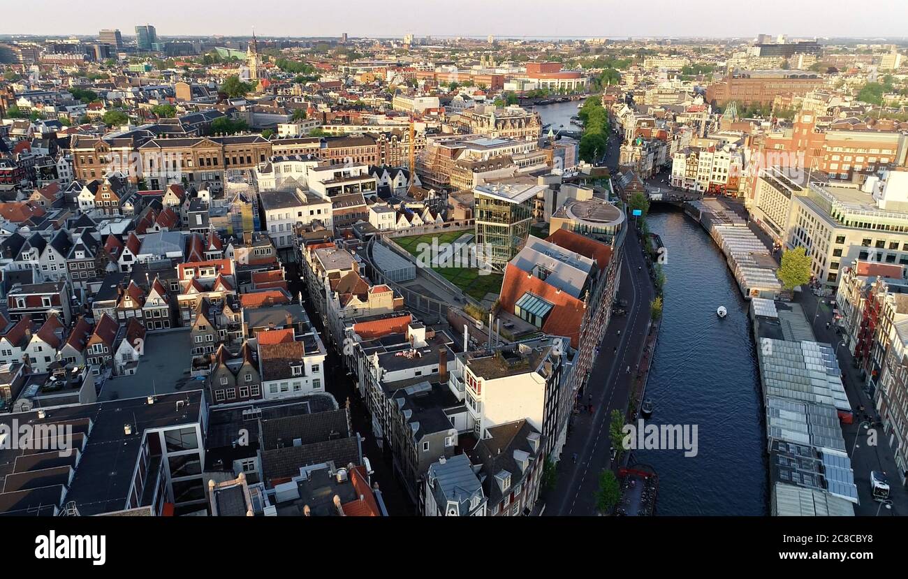 Amsterdam, Netherlands. Panoramic aerial view above canal and old ...