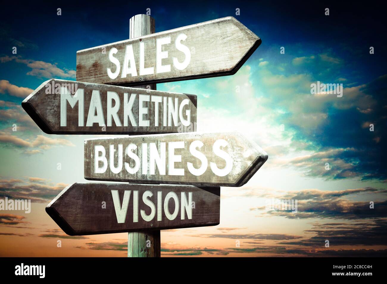 Sales, marketing, business, vision - wooden signpost, roadsign with ...