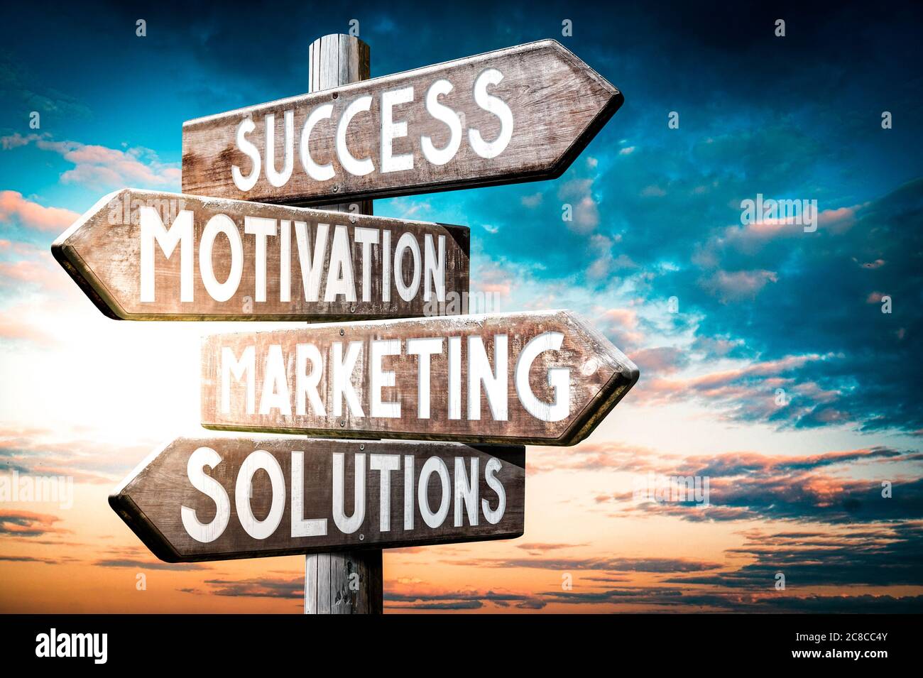 Success, motivation, marketing, solutions - wooden signpost, roadsign ...
