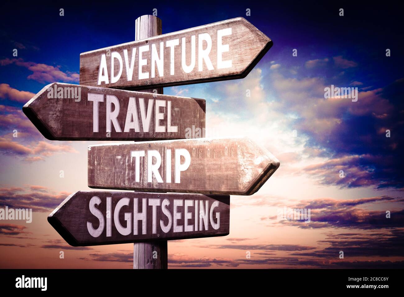 Adventure, travel, trip, sightseeing - wooden signpost, roadsign with ...
