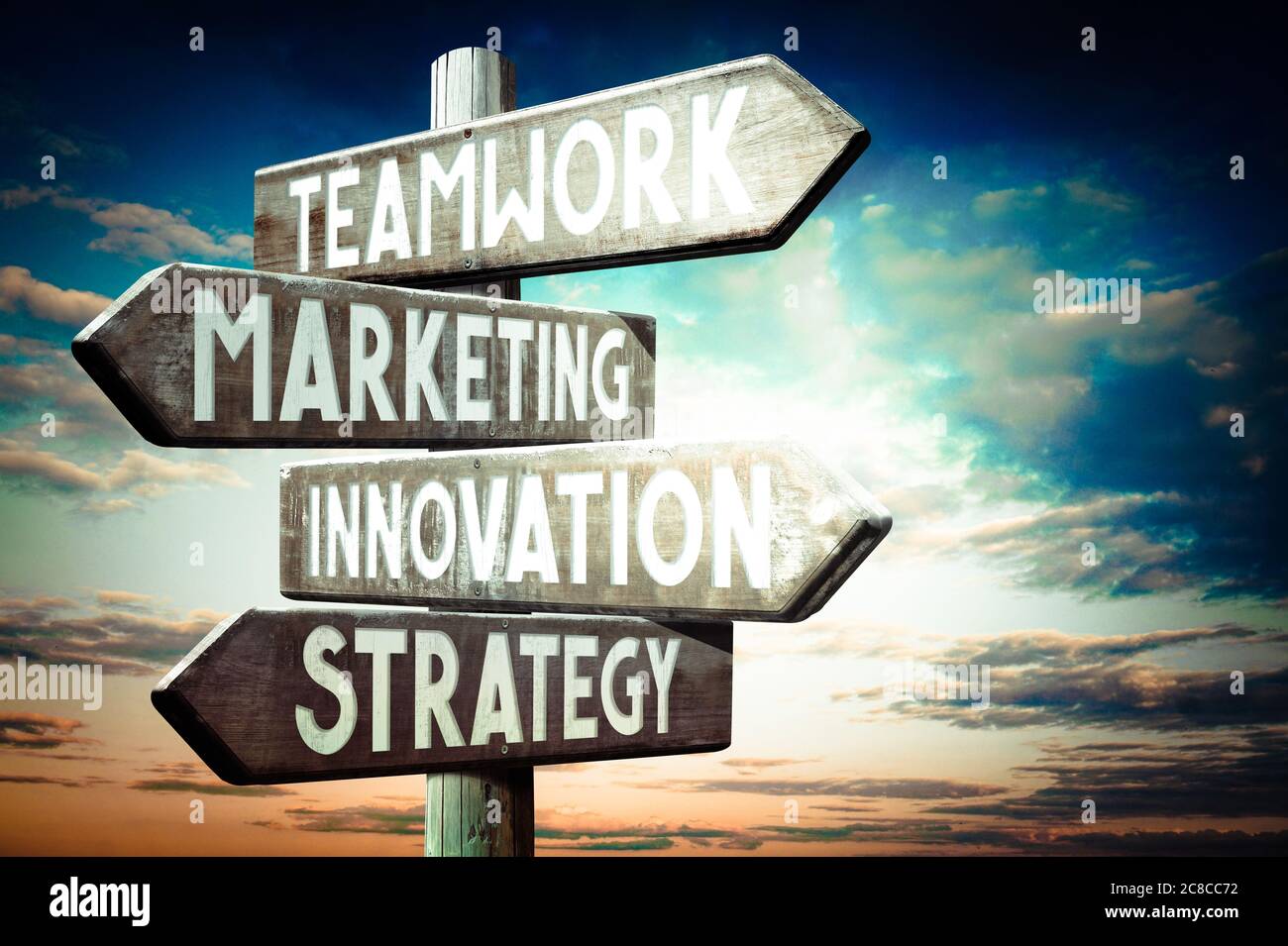 Teamwork, marketing, innovation, strategy - wooden signpost, roadsign ...