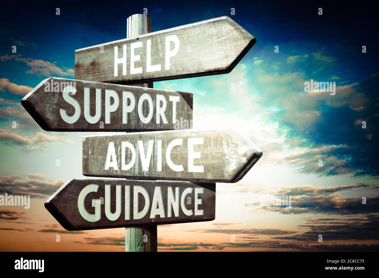 Help, support, advice, guidance - wooden signpost, roadsign with four ...