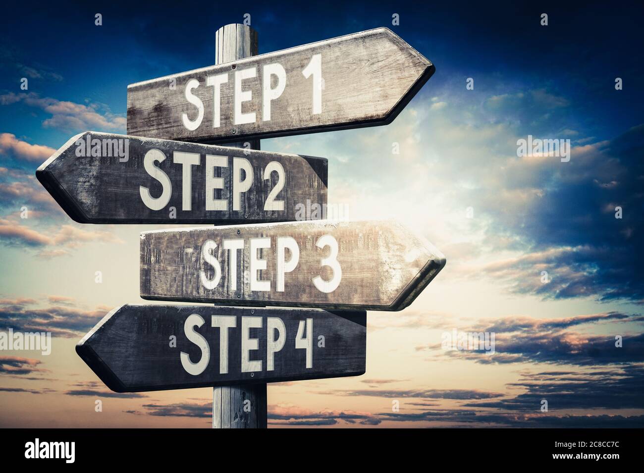 Step 1, 2, 3, 4 - wooden signpost, roadsign with four arrows Stock ...