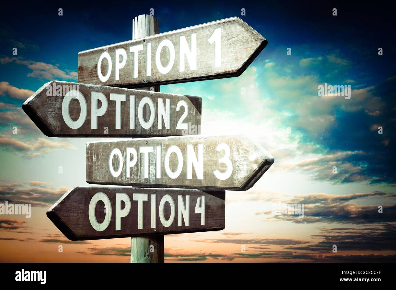 Option 1, 2, 3, 4 - wooden signpost, roadsign with four arrows Stock ...
