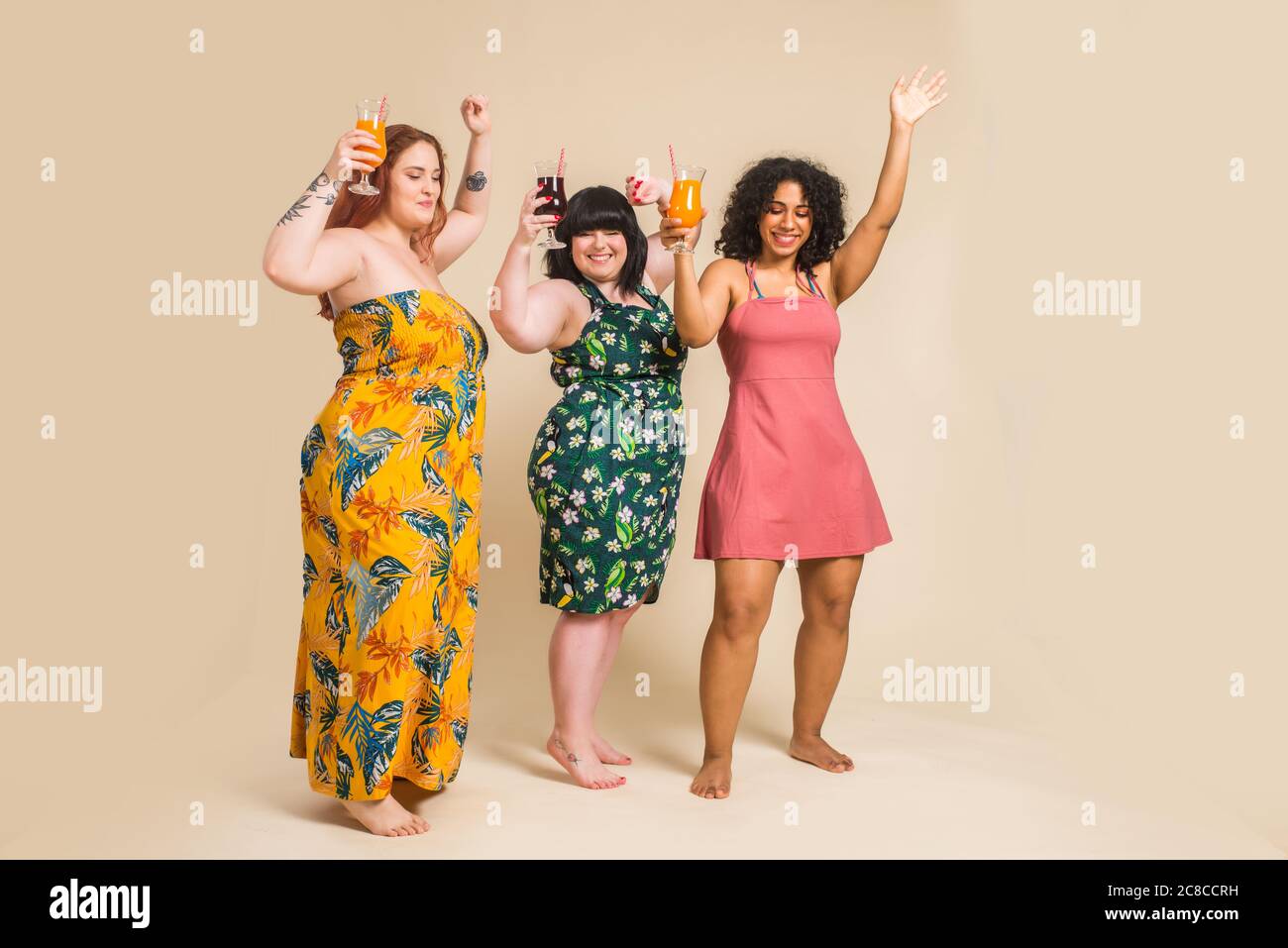 Group of 3 oversize women posing in studio - Beautiful girls accepting ...